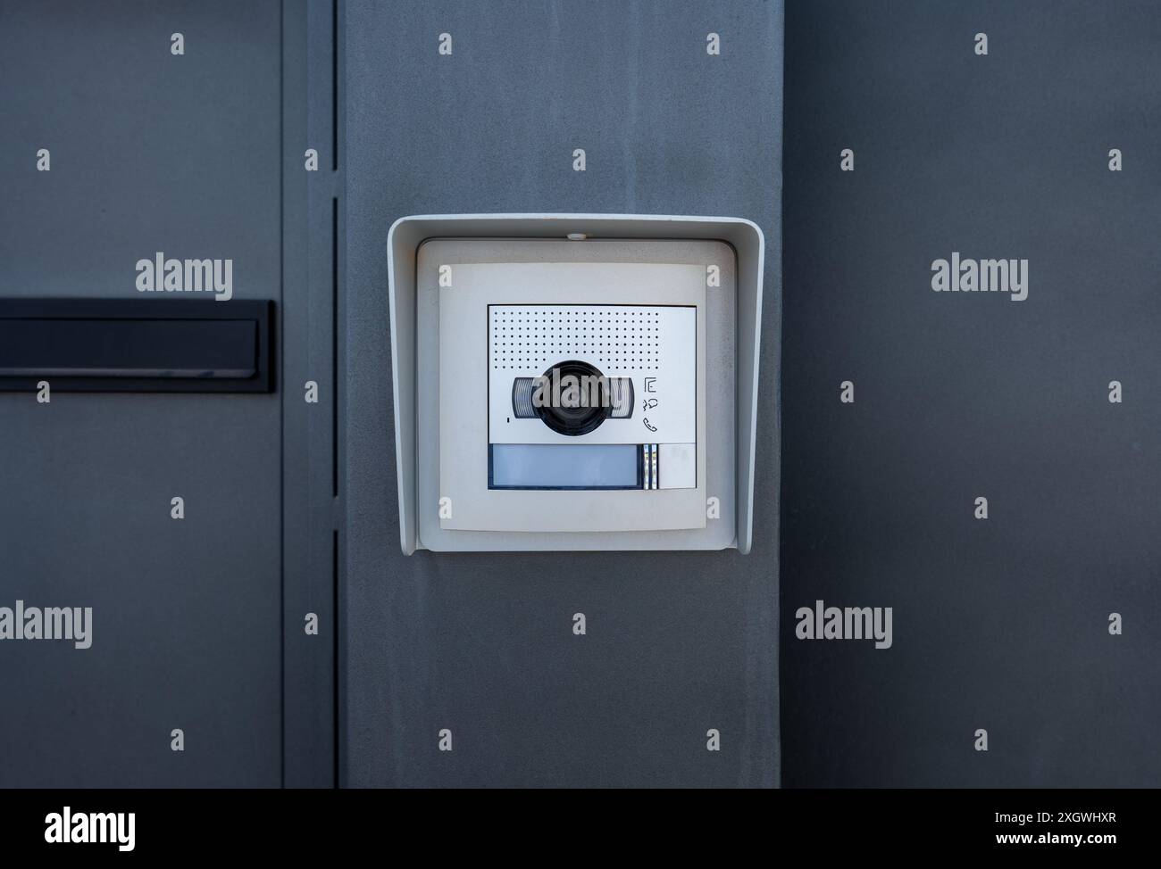 Doorbell with video camera on gray iron gate Stock Photo - Alamy
