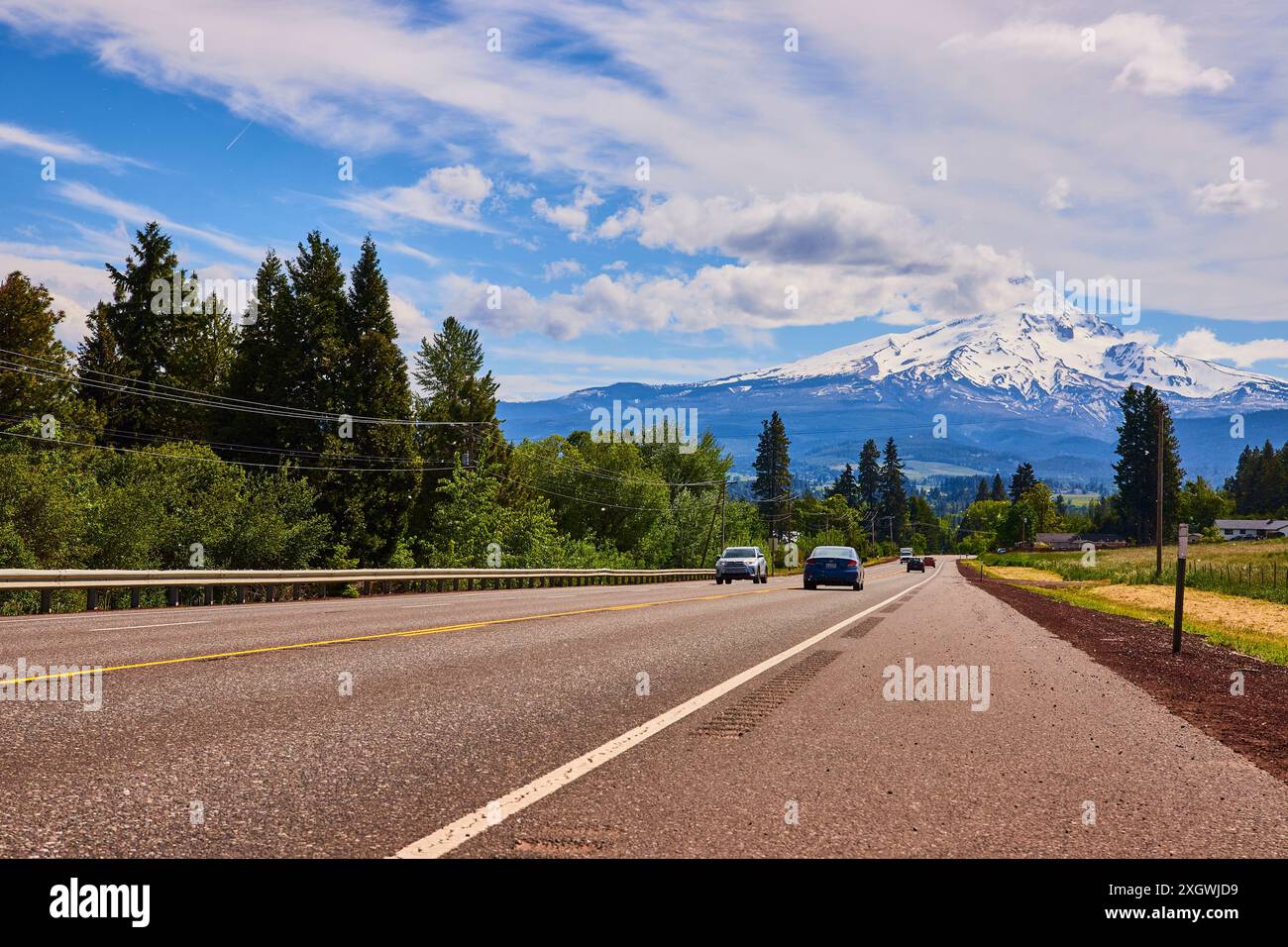 Scenic Highway with Mount Hood in Background - Eye-Level Perspective ...