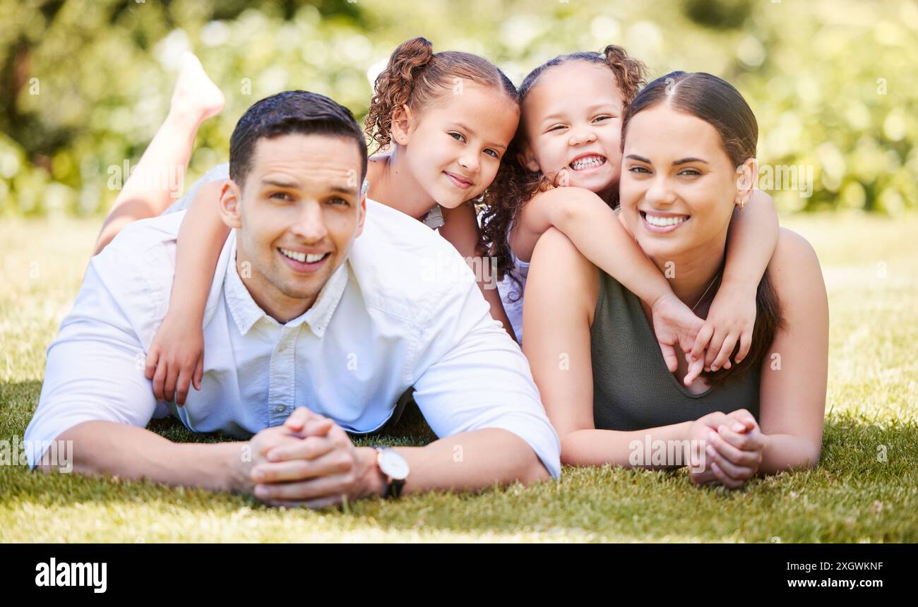 Parents, portrait and children with piggyback in park for weekend ...