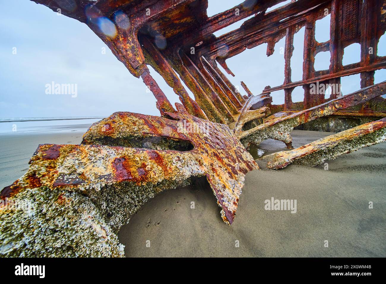 Corroded Shipwreck on Sandy Beach Close-Up in Hammond Oregon Stock ...