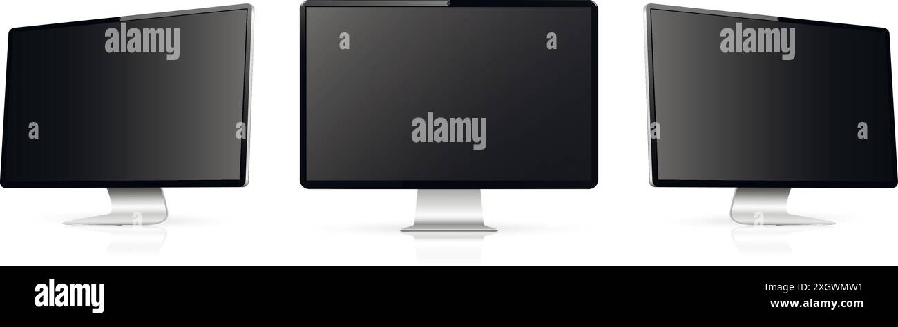 Three monitor with empty black display, realistic set device screen ...
