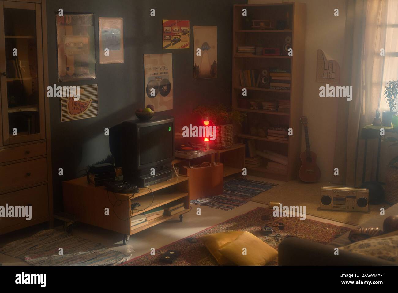 Interior of retro living room featuring a TV, boombox, guitar ...