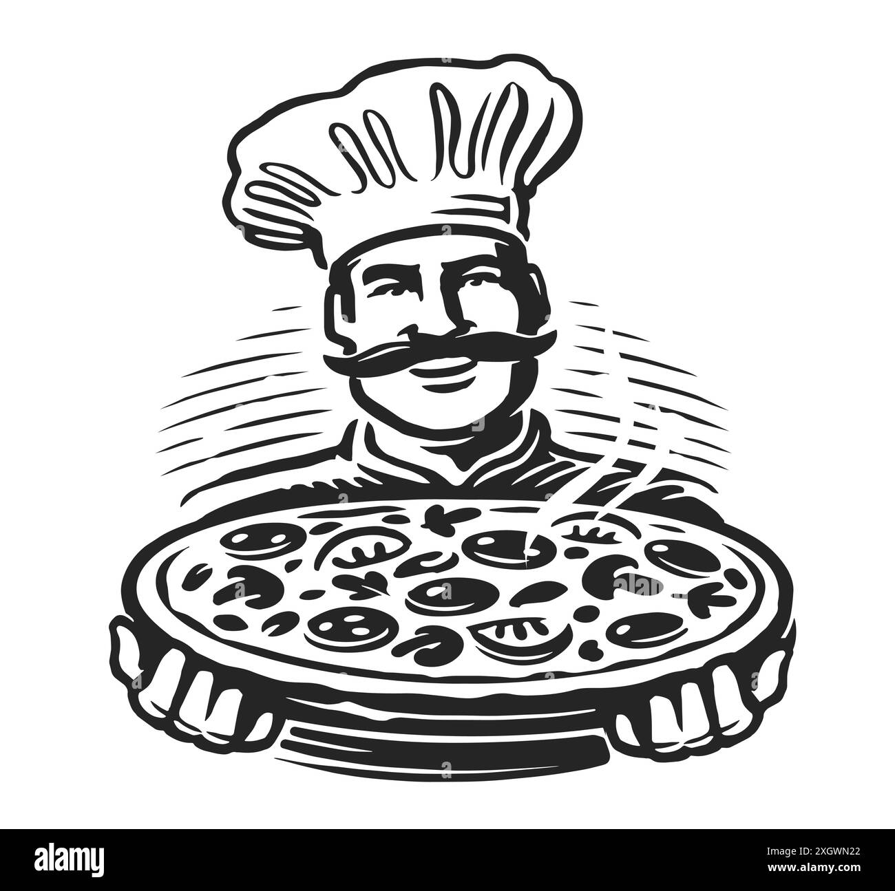 Happy chef holding tray with hot big pizza in hands. Italian fast food ...