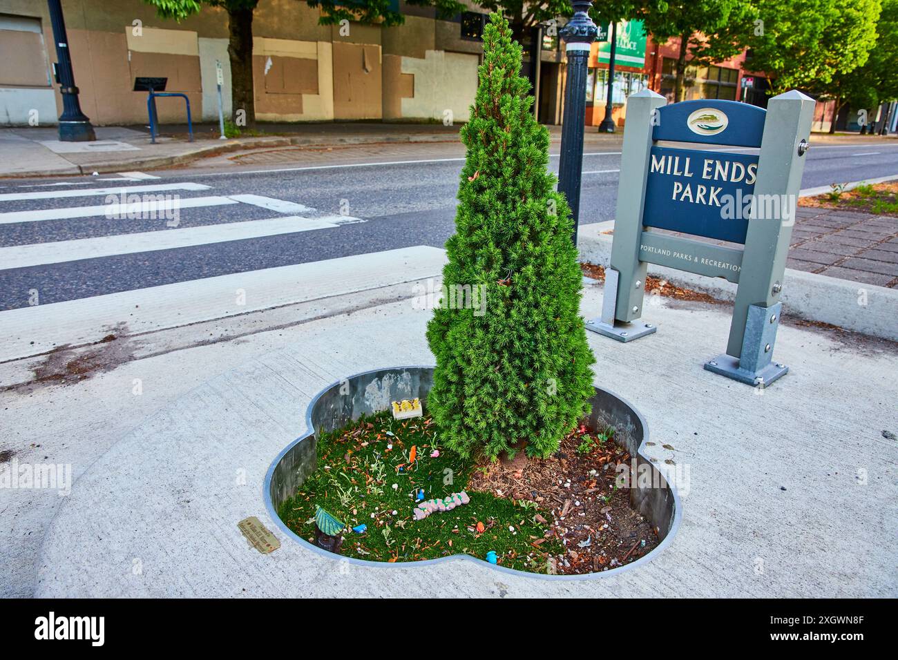 Mill Ends Park in Downtown Portland with Urban Backdrop Eye-Level View ...