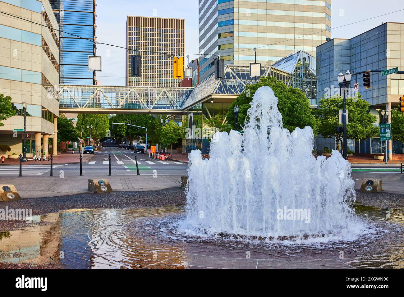 Dynamic Portland Fountain with Modern Architecture Eye-Level View Stock ...