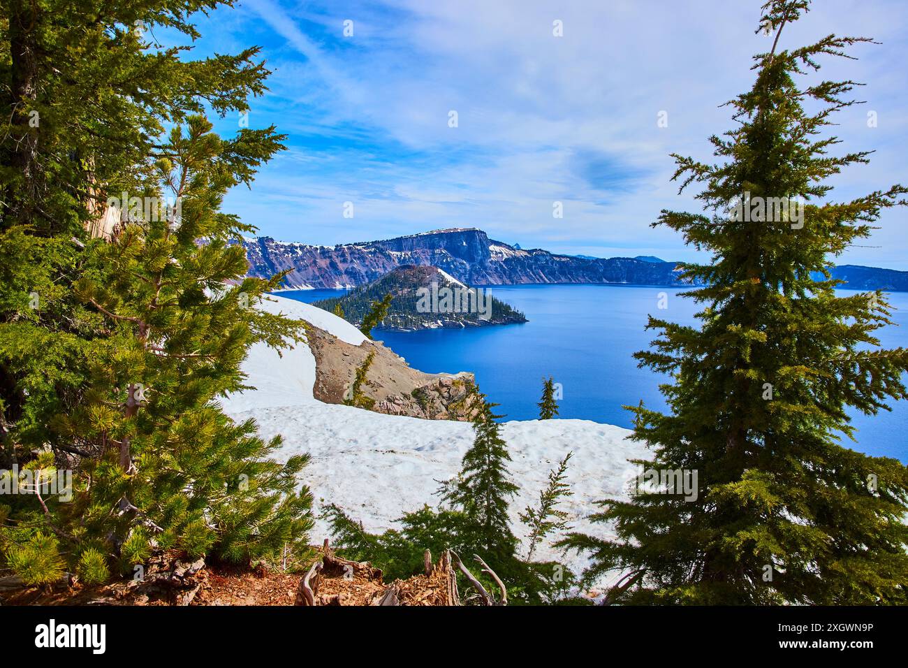 Crater Lake with Wizard Island and Snowy Cliffs from High Vantage Point ...