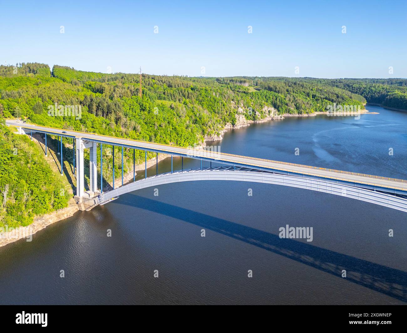 An aerial view of the Zdakov Bridge crossing the Vltava River ...