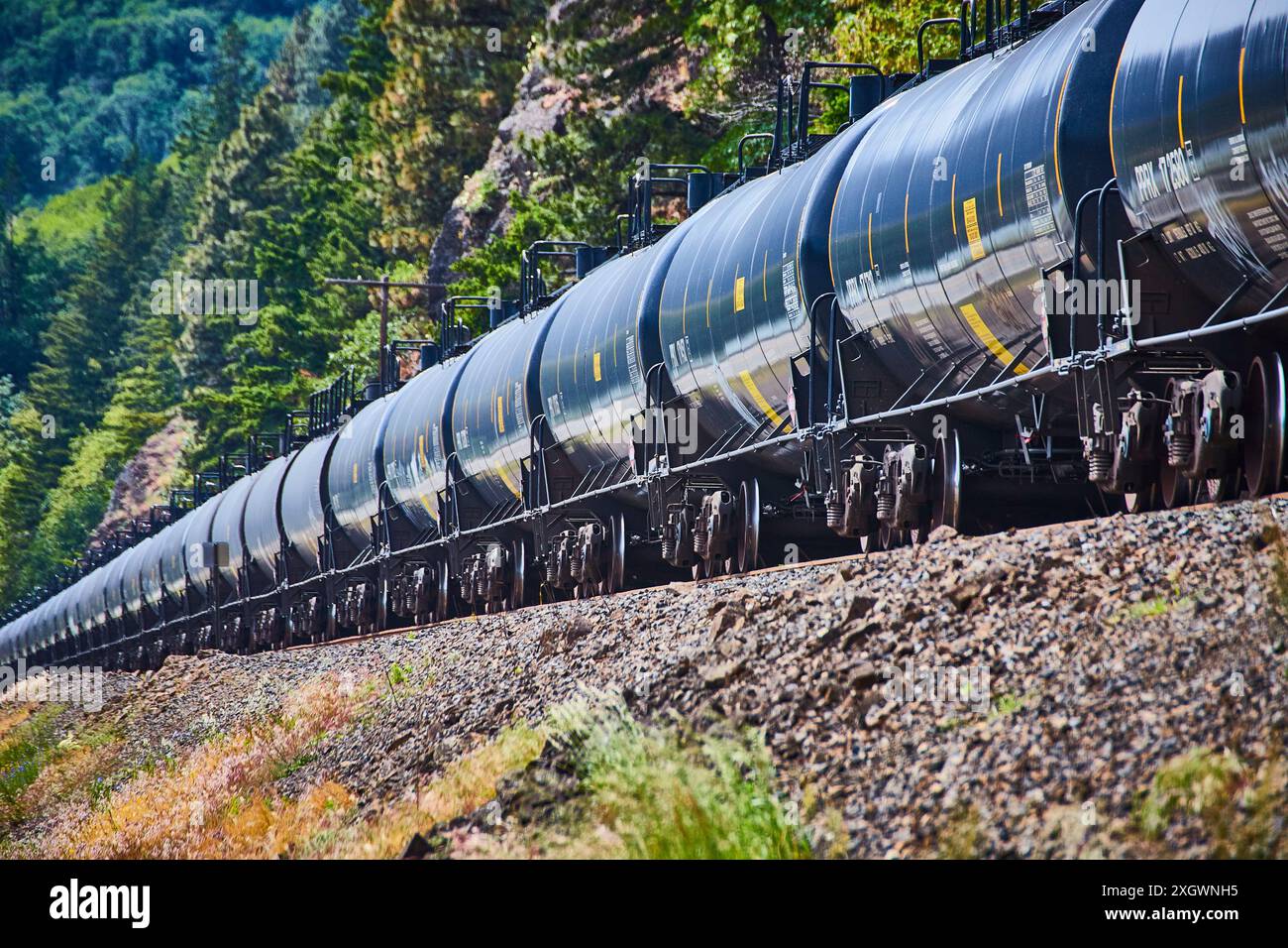 Long Freight Train in Rugged Mountainside from Low Side Perspective ...