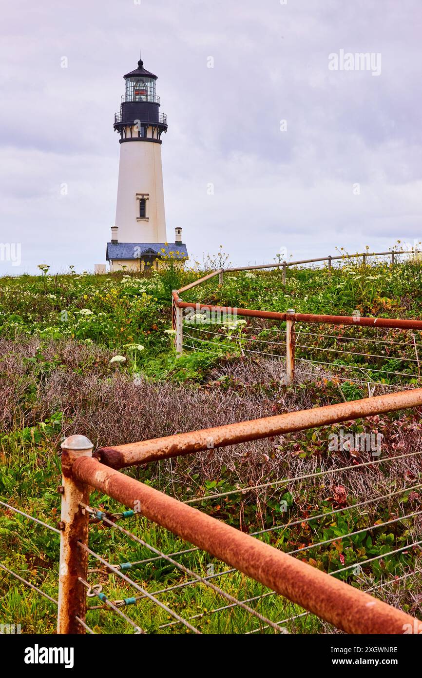 Yaquina Head Lighthouse with Rusted Gate and Greenery Low Perspective ...