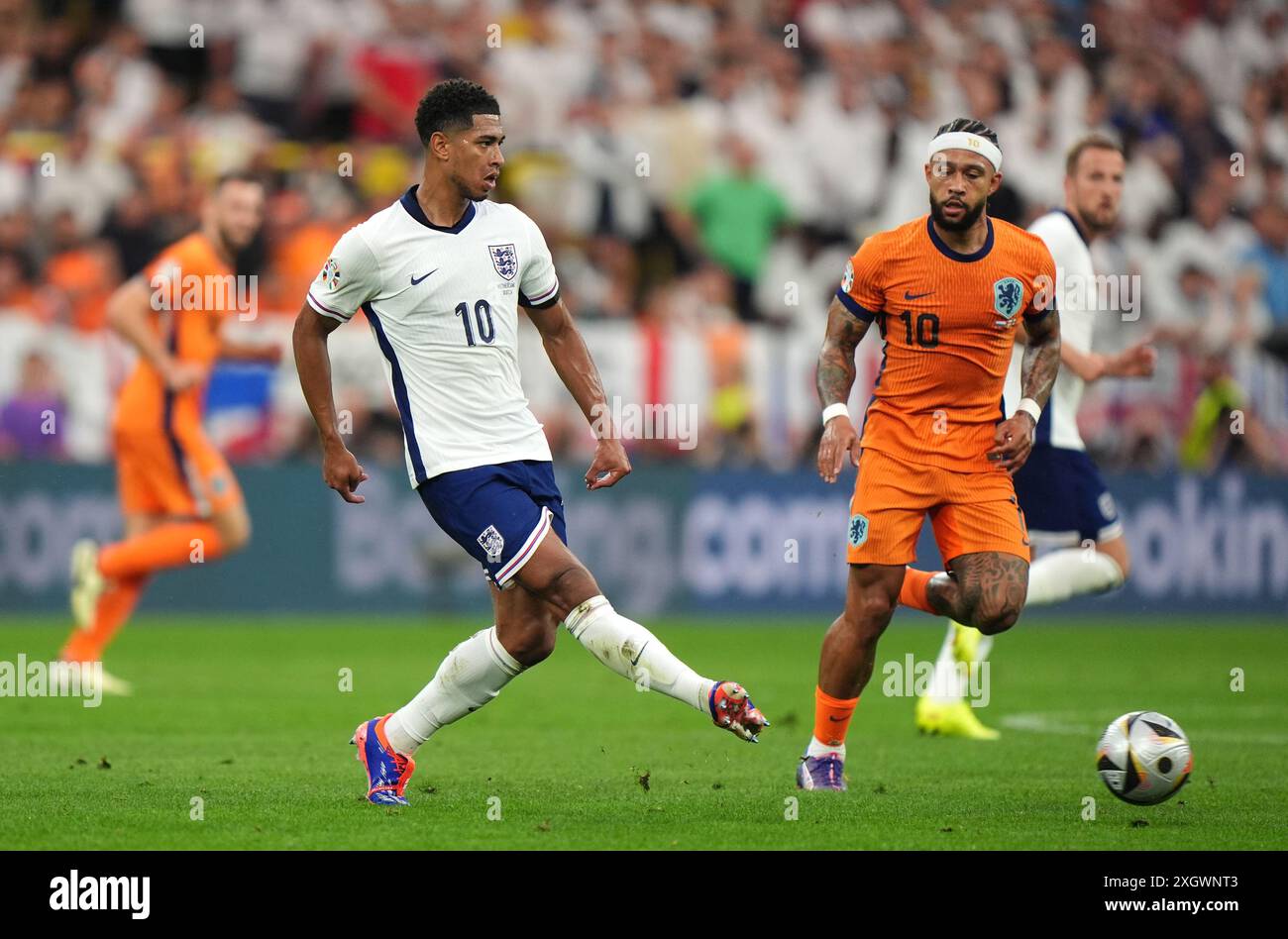 England's Jude Bellingham passes the ball past Netherlands' Memphis ...