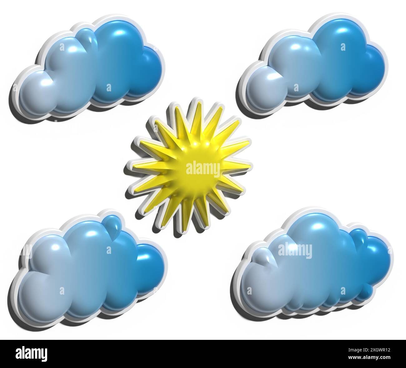 Blue volumetric clouds and yellow sun on an isolated background, 3D ...