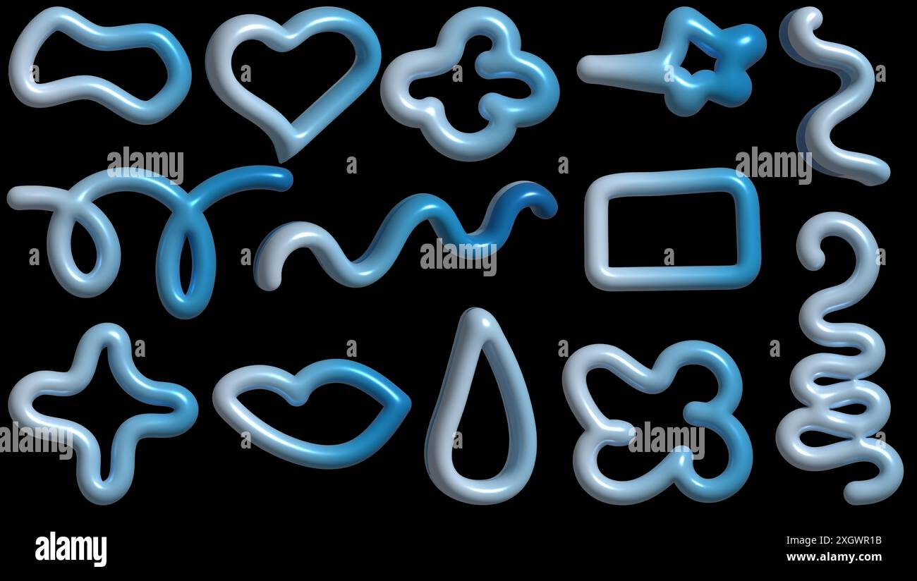 A set of various volumetric blue figures drawn by hand on a black ...