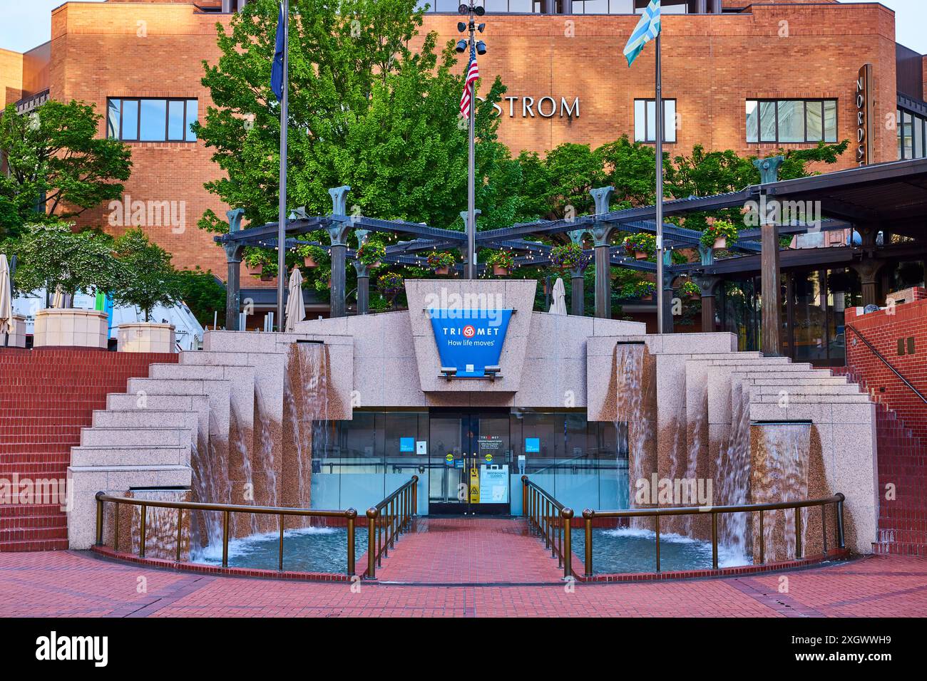Urban Fountain and Transit Hub in Downtown Portland Eye-Level View ...