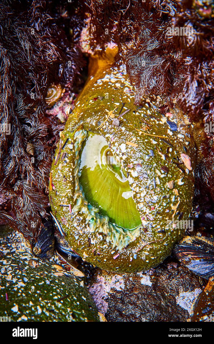 Close-Up of Green Sea Anemone and Brown Seaweed in Tide Pool Stock ...