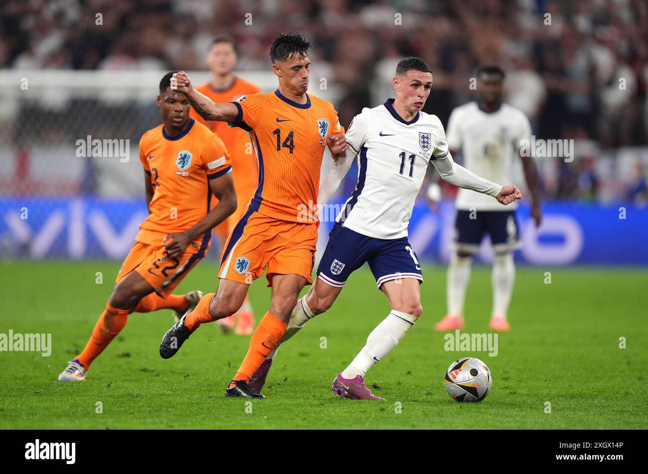 Netherlands' Tijjani Reijnders (left) and England's Phil Foden battle ...