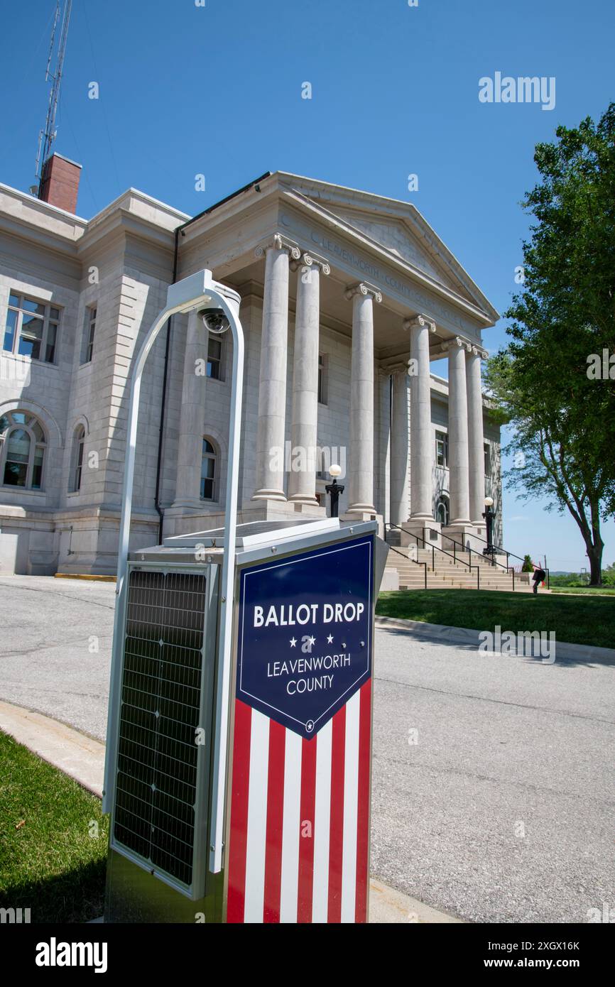 Leavenworth, Kansas. Ballot drop box outside the county courthouse. A ...