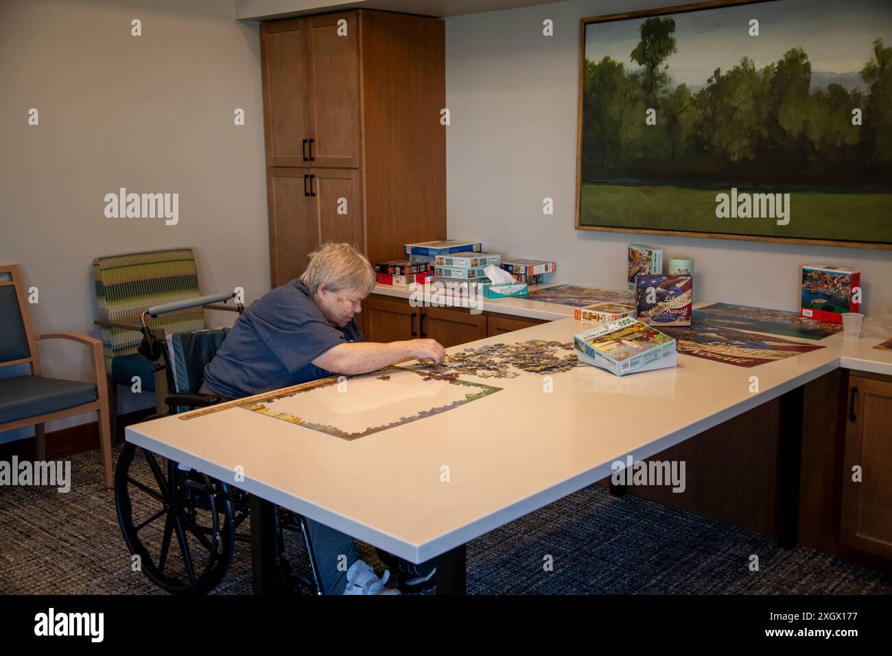 Maplewood, Minnesota. Elderly woman stroke victim working on a puzzle ...