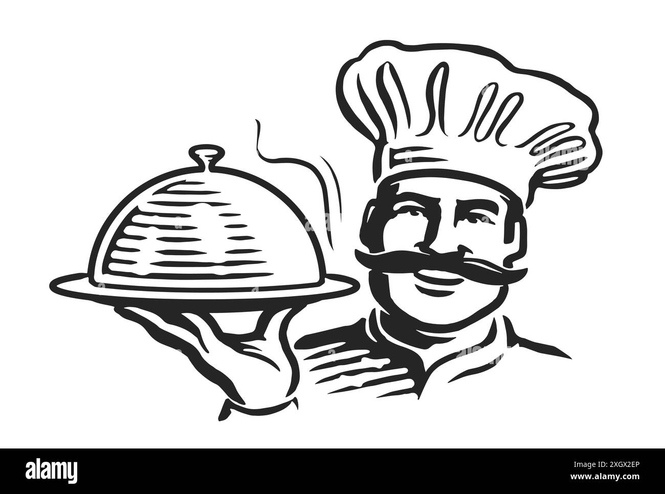 Happy male chef cook holding cloche. Drawing for the design of a ...