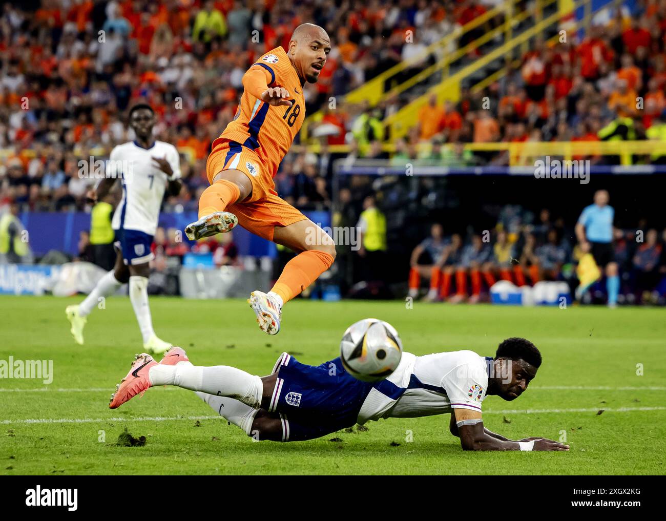 Dortmund - 10/07/2024, Donyell Malen of Holland and Marc Guehi of ...