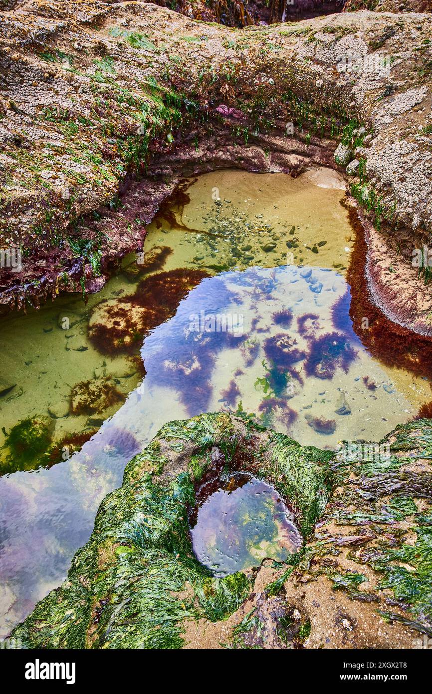 Coastal Rock Pool with Mossy Textures and Reflections Eye-Level View ...