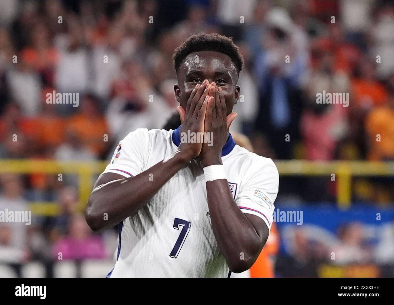 England's Bukayo Saka reacts as his goal is disallowed for being ...
