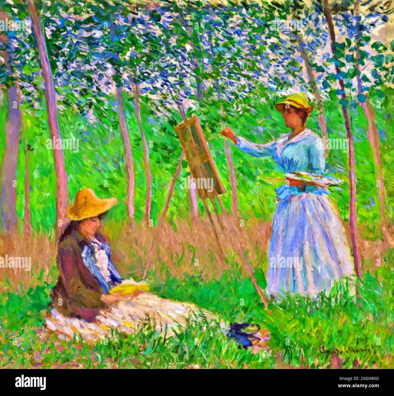 Suzanne reading and Blanche painting by marsh at Giverny, 1887 ...