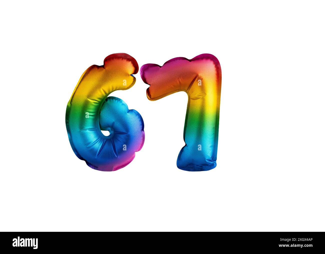 Multicolored balloon for number 67 celebration. Happy birthday on white ...