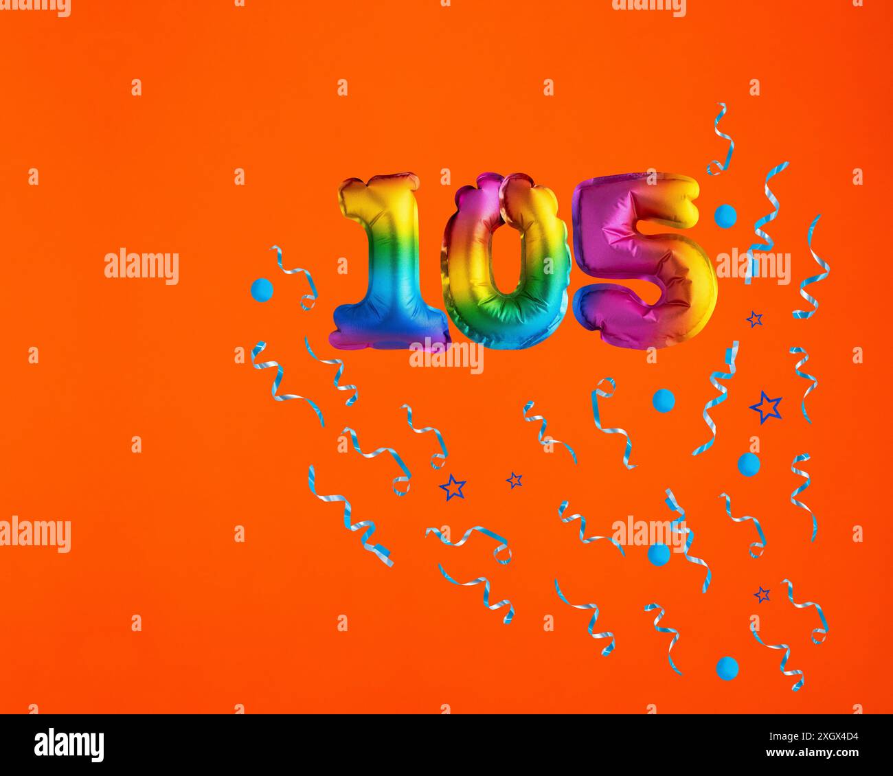 Confetti explosion with number 105 balloon - Celebration on orange ...