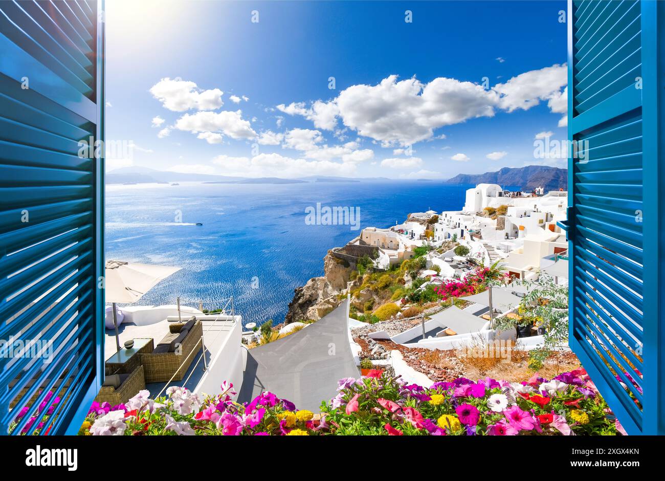View from an open window with blue shutters and flowers, of the Aegean ...