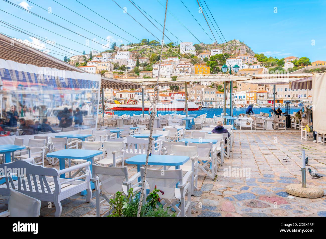 View from a seaside cafe at the colorful old town at the fishing ...