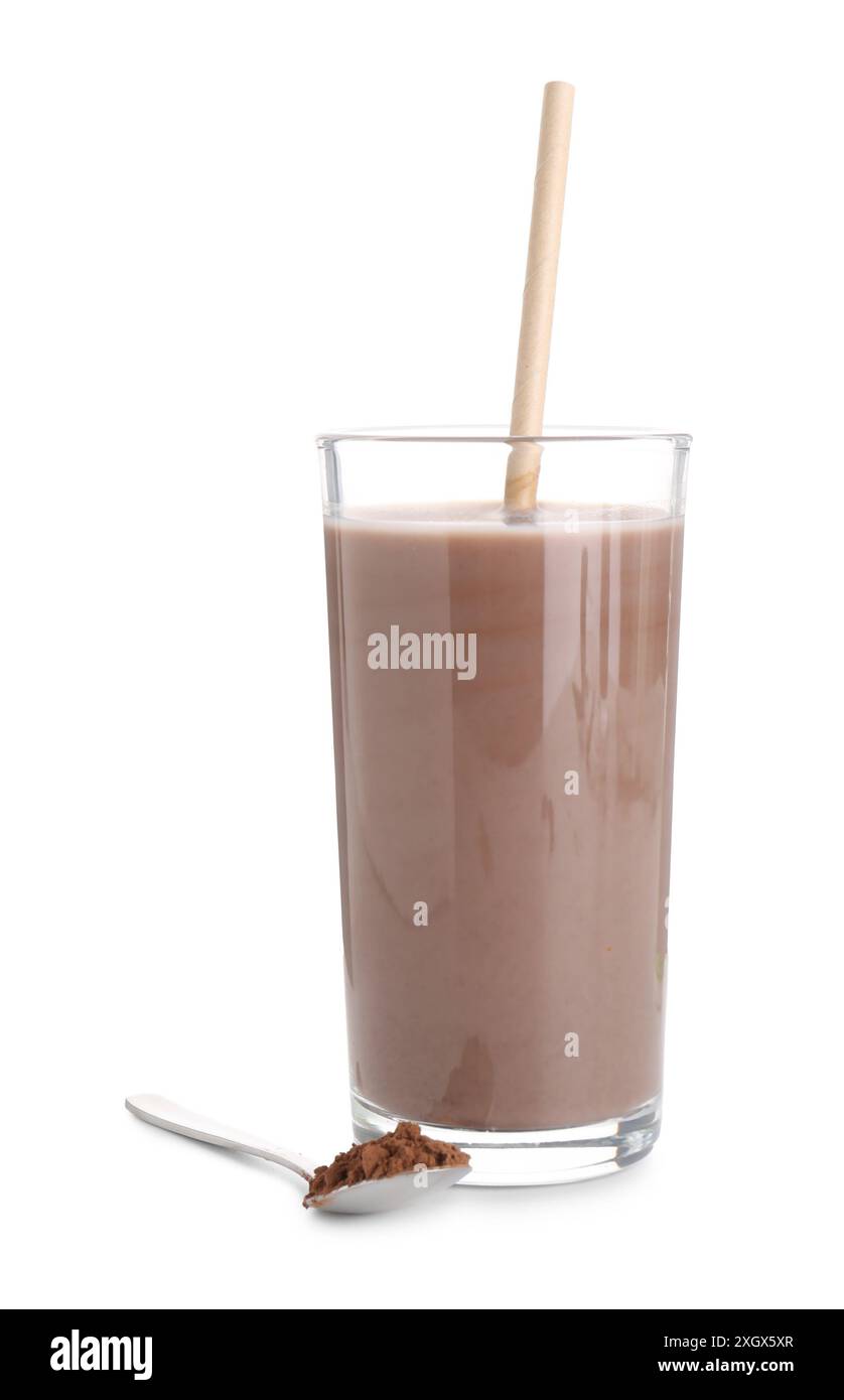 Delicious protein shake in glass and spoon with powder isolated on ...