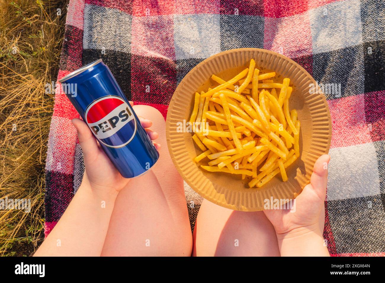 A girl sits on a blanket and holds a can of Pepsi Cola and a plate of ...