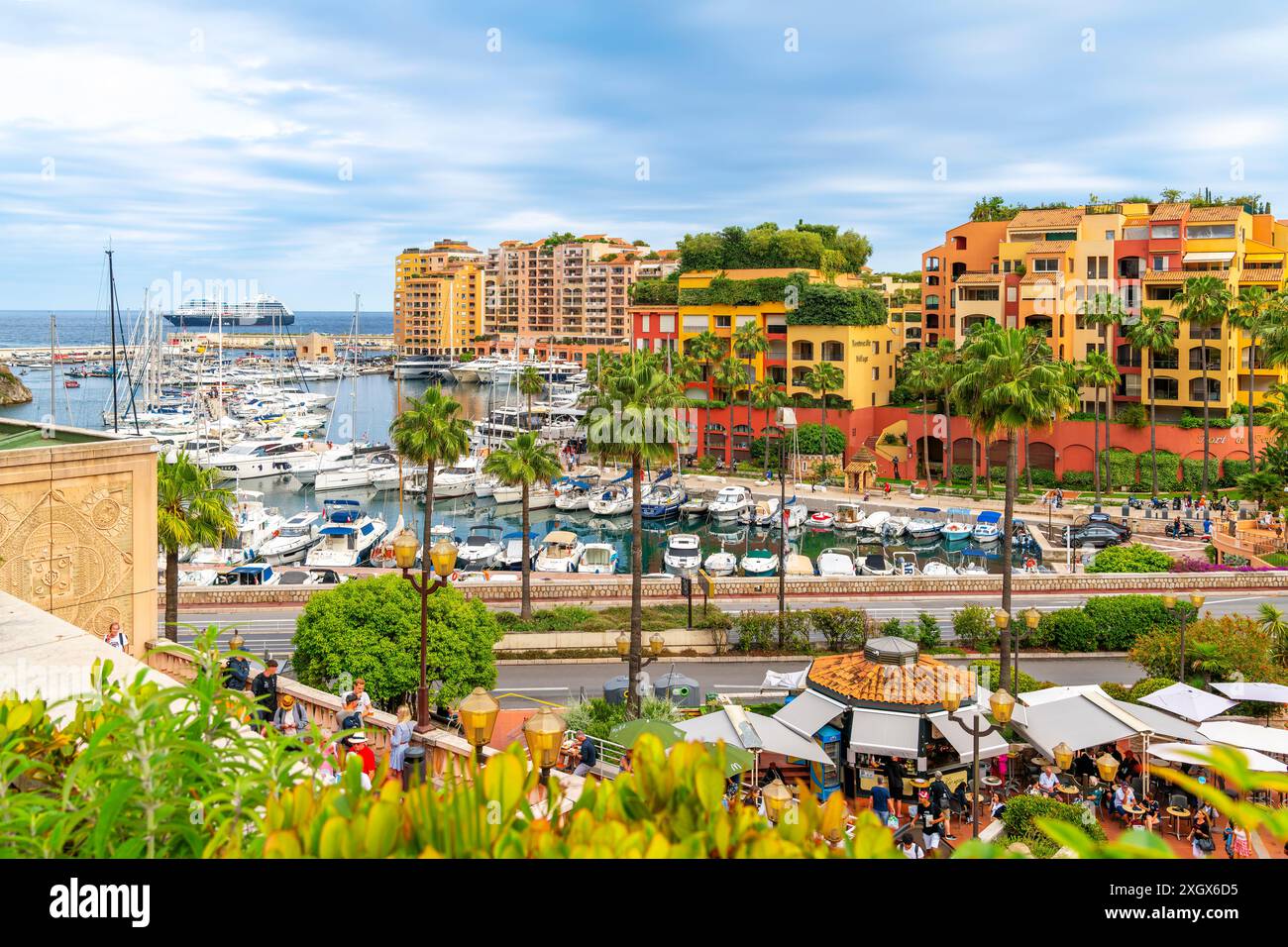 View of the colorful Fontvieille harbor, Mediterranean sea with cruise ...