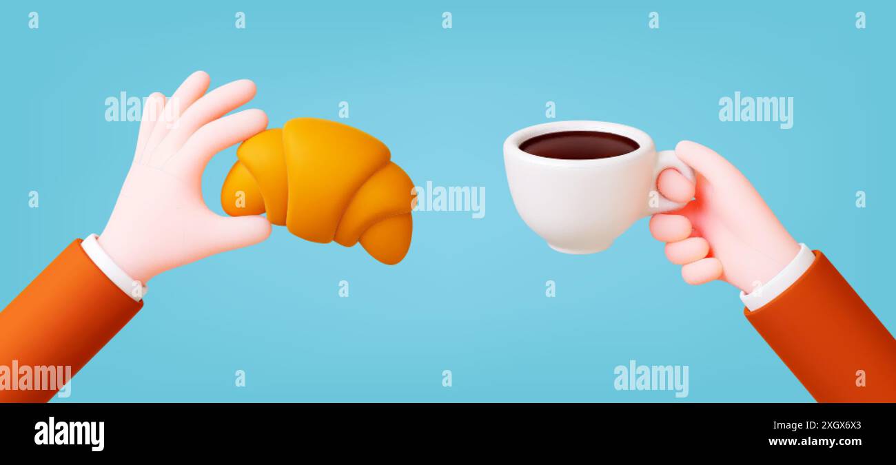 3d morning coffee. Croissant and espresso or americano, fast tasty ...