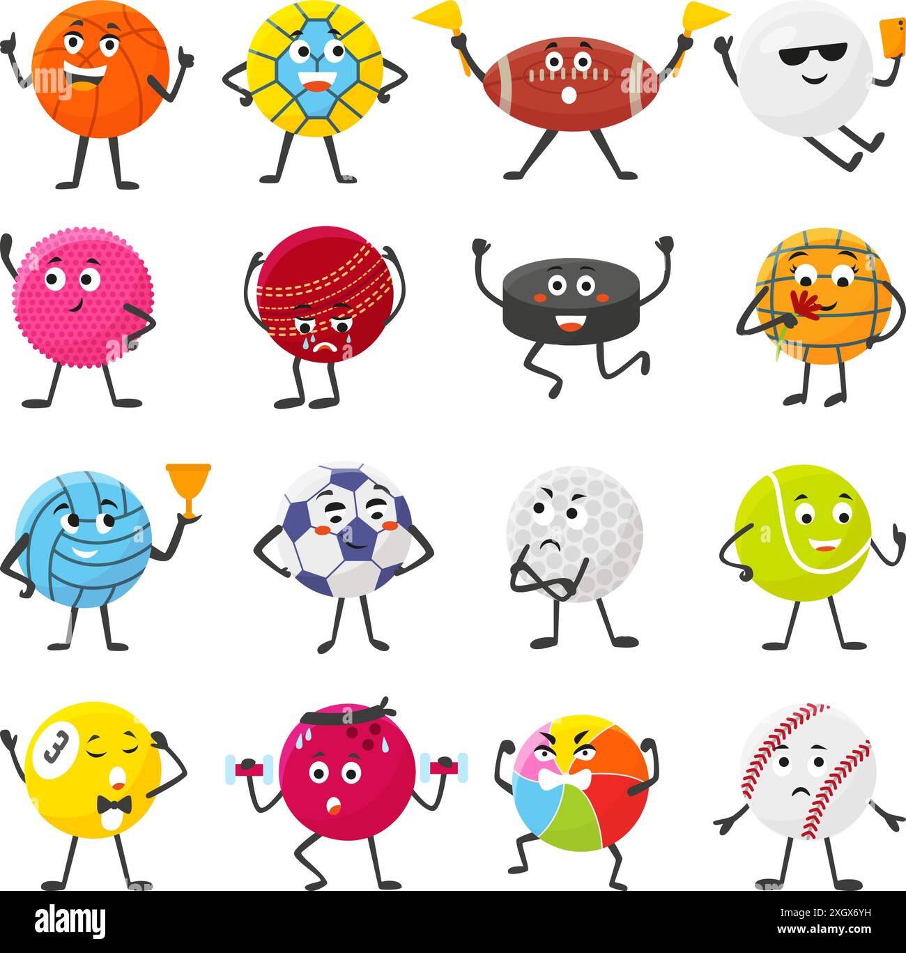 Sport ball characters. Funny emotional balls in different poses. Sporty ...