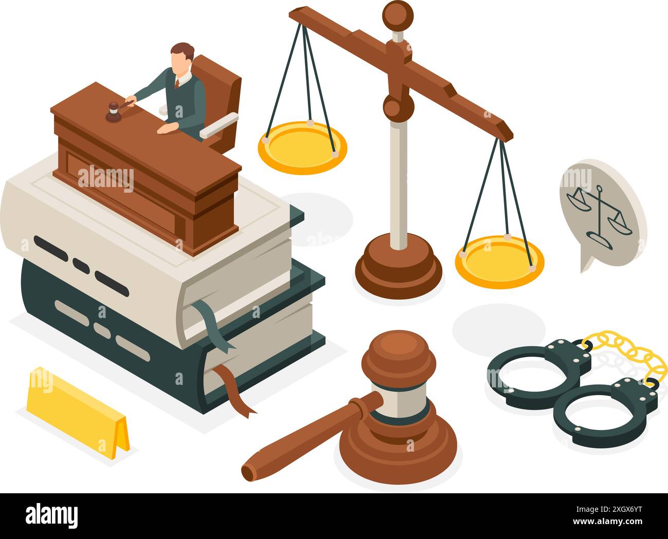 Isometric law concept. Judge makes decision, justice elements judges ...