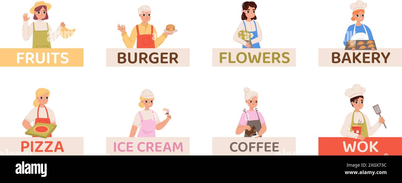 Cartoon vendors. Sellers on fresh farm food market with goods. Flowers ...