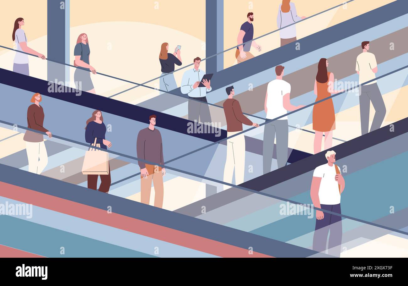 People on escalators. Men women move up and down on moving staircase in ...