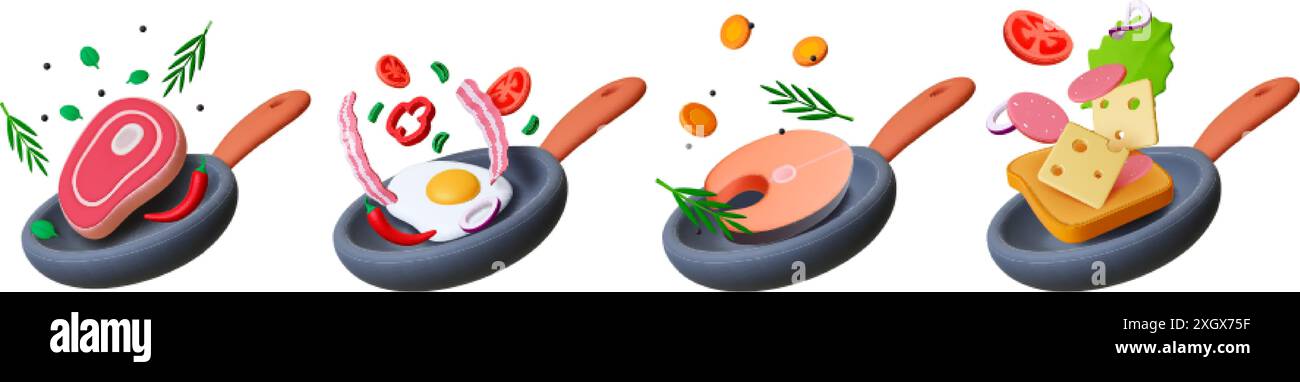 Frying pan 3d element. Fry meat fish eggs and toast. Cooking breakfast ...