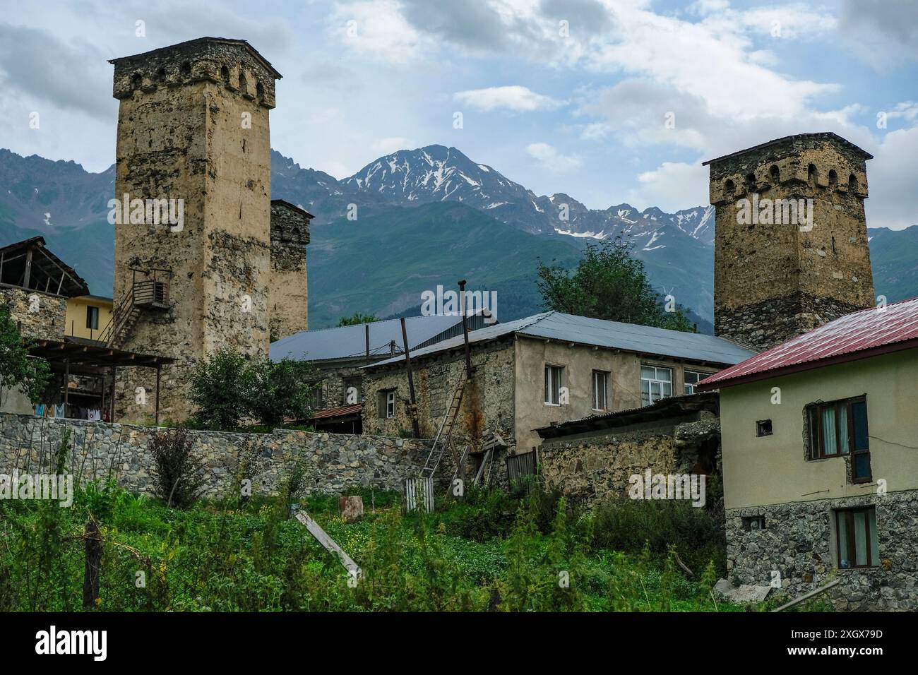 Mestia, Georgia - July 10, 2024: Medieval Svan Towers is a traditional ...
