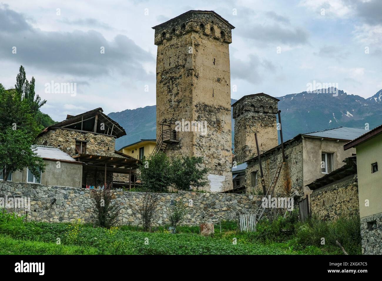 Mestia, Georgia - July 10, 2024: Medieval Svan Towers is a traditional ...