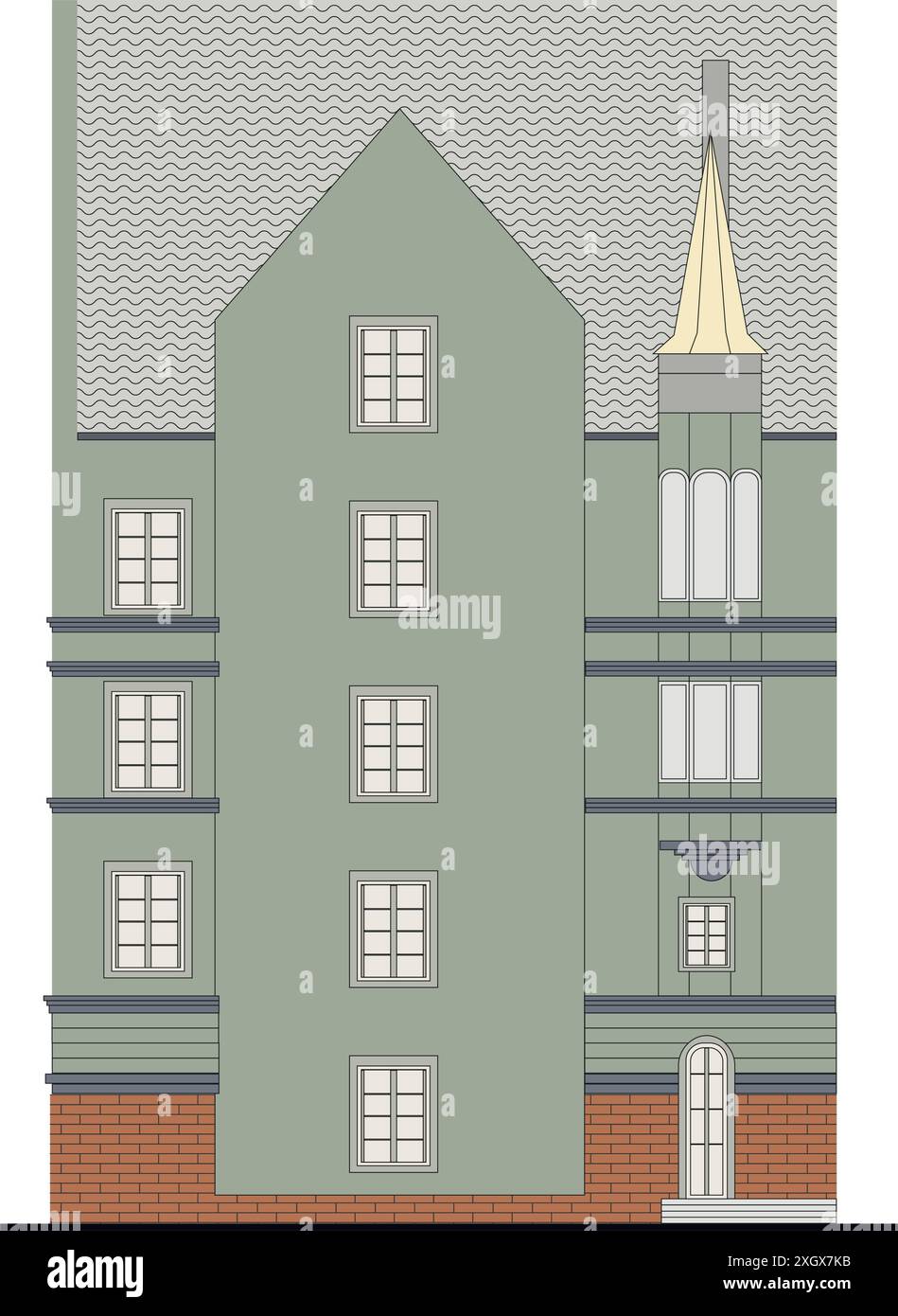 Green multi-storey building illustration. Line, outline drawing. Real ...