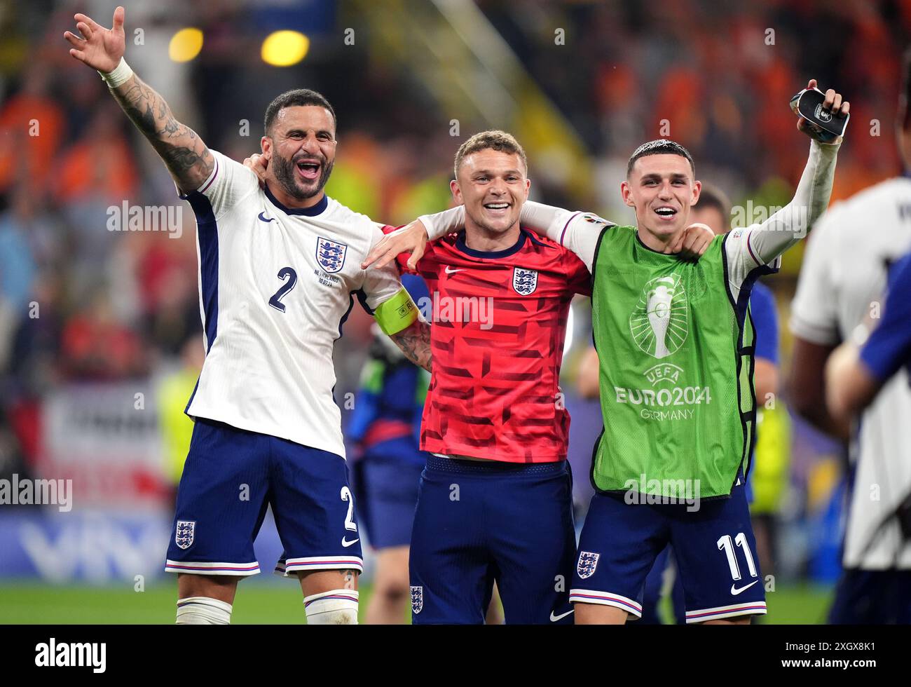 England's Kyle Walker, Kieran Trippier and Phil Foden celebrate following the UEFA Euro 2024 ...