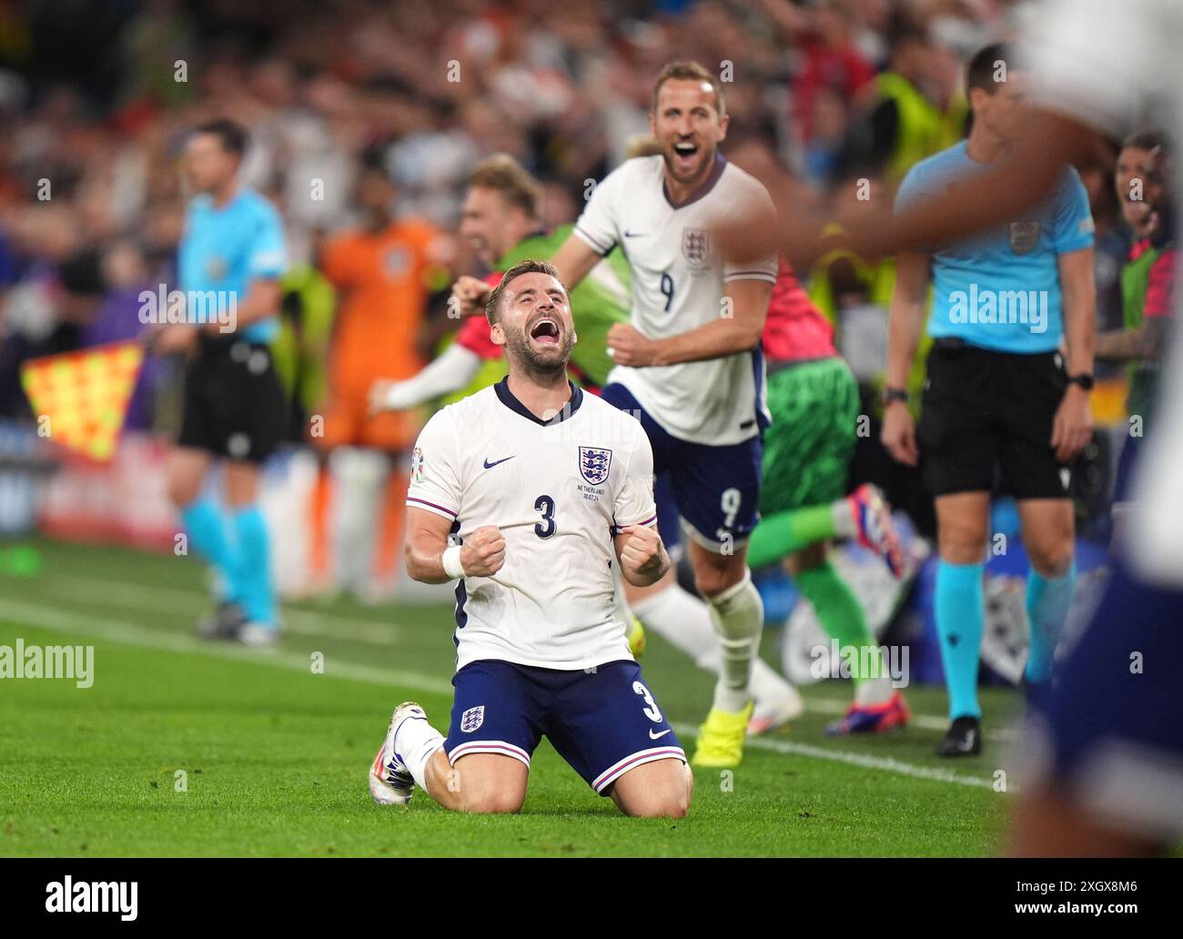 England's Luke Shaw and Harry Kane celebrate following during the UEFA ...