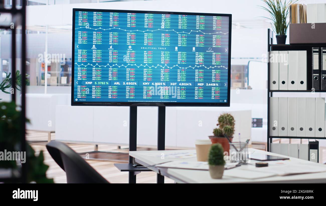 Stock exchange indices on screen in empty financial department office ...