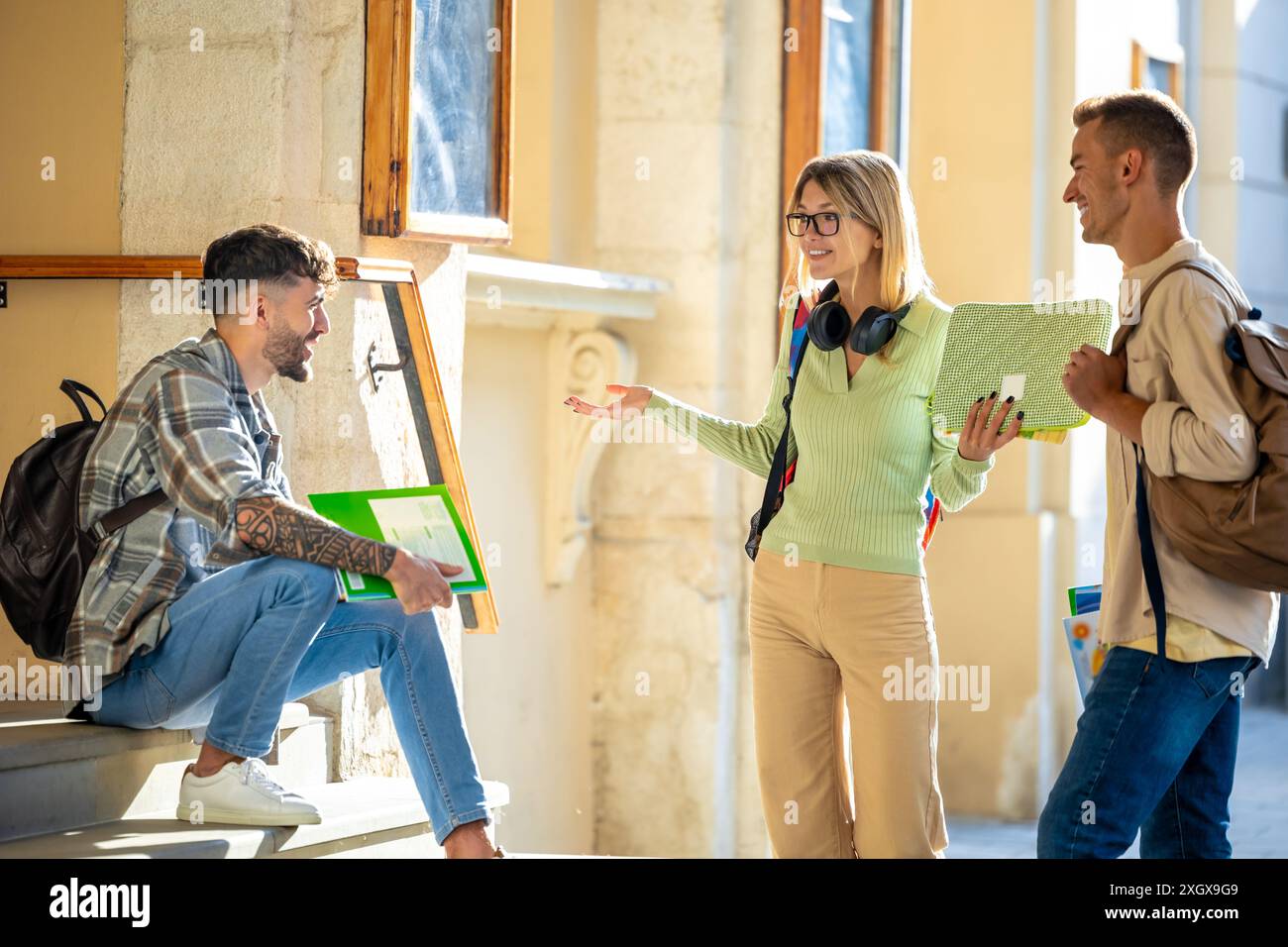 Friendly students have conversation sharing ideas enhancing their ...