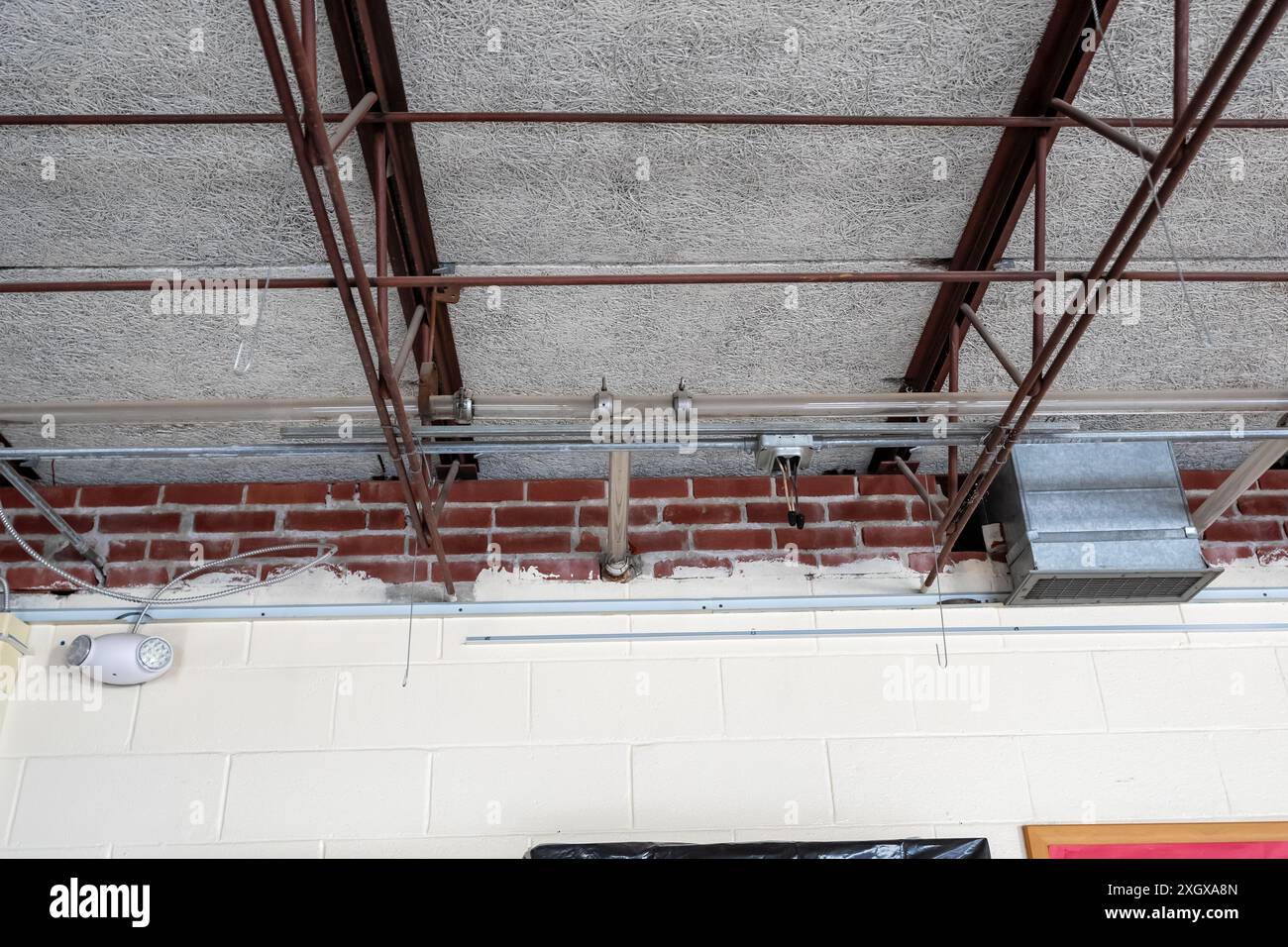 Old ceiling mounted glass drain, vent, pipes in school science room or ...