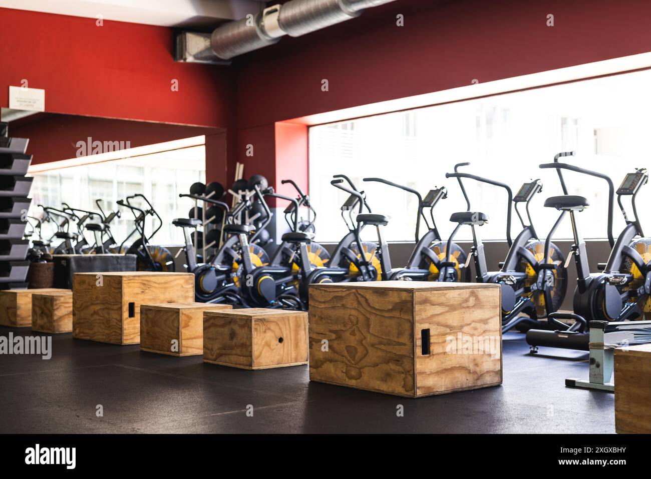 A modern gym equipped with stationary bikes for cardio workouts ...