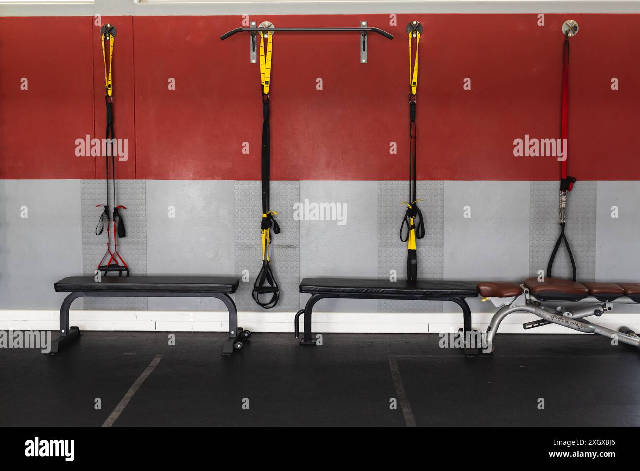 A gym setup with suspension trainers and benches, with copy space ...