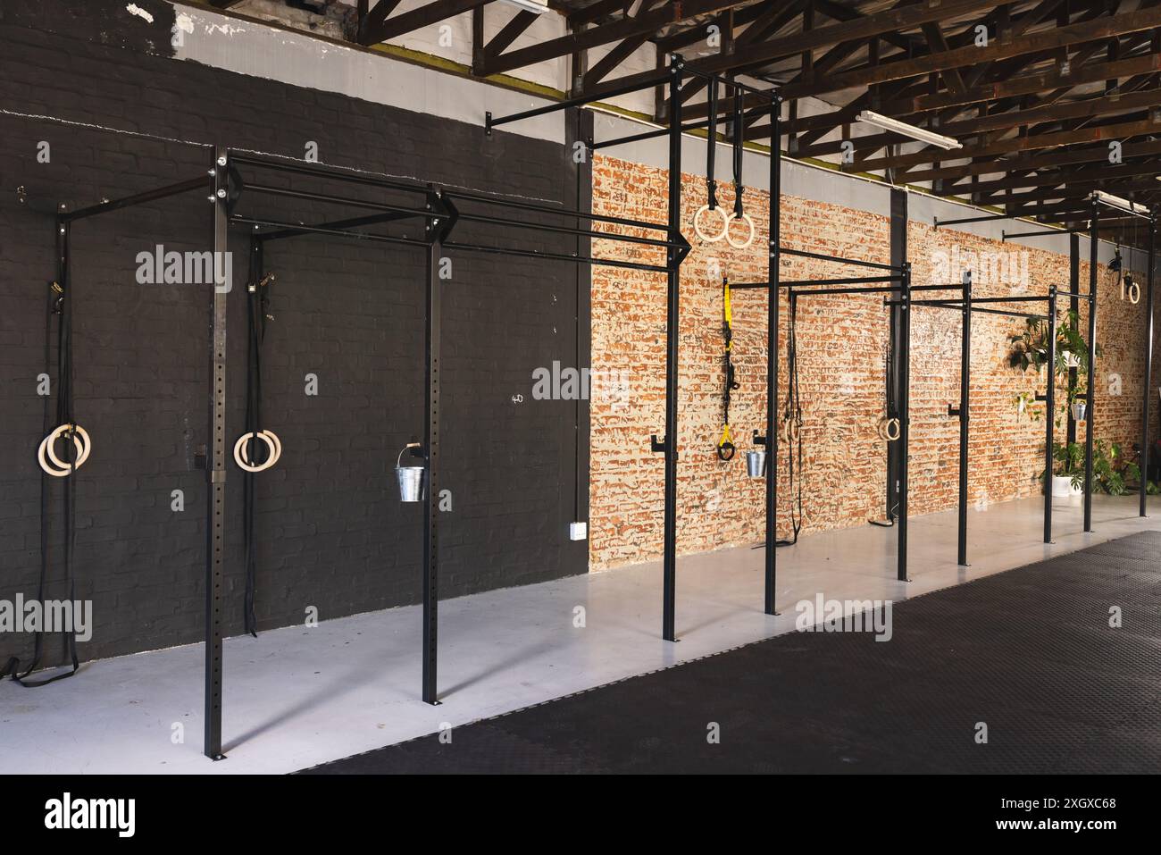 A well-equipped gym with various workout stations, with copy space ...